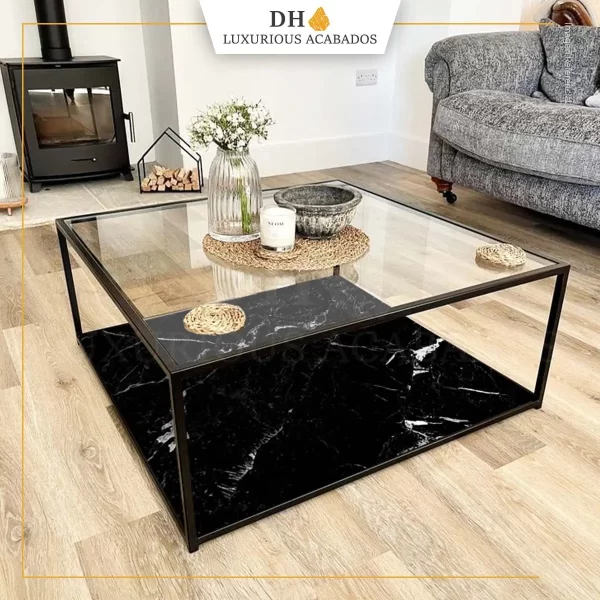 MESA DE CENTRO CUBO (VIDRIO Y MÁRMOL NEGRO MARQUINA) 70*70*40 - Mármol y granitos, Cuarzo con ...